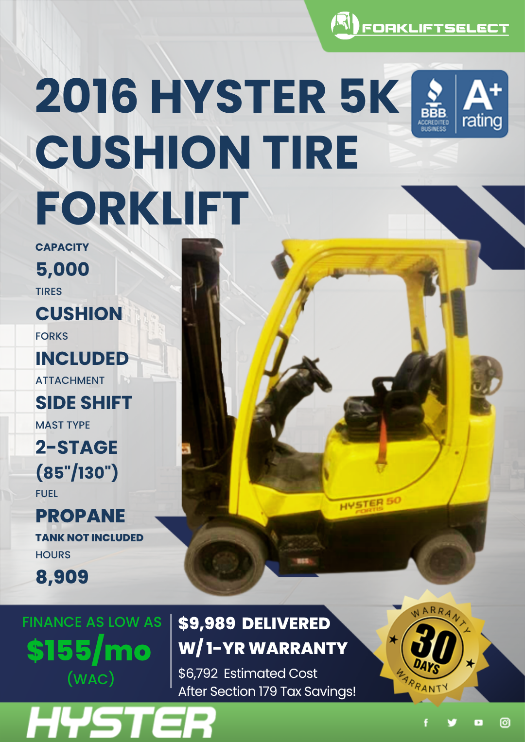 2016 HYSTER 5K CUSHION TIRE FORKLIFT – Forklift Select