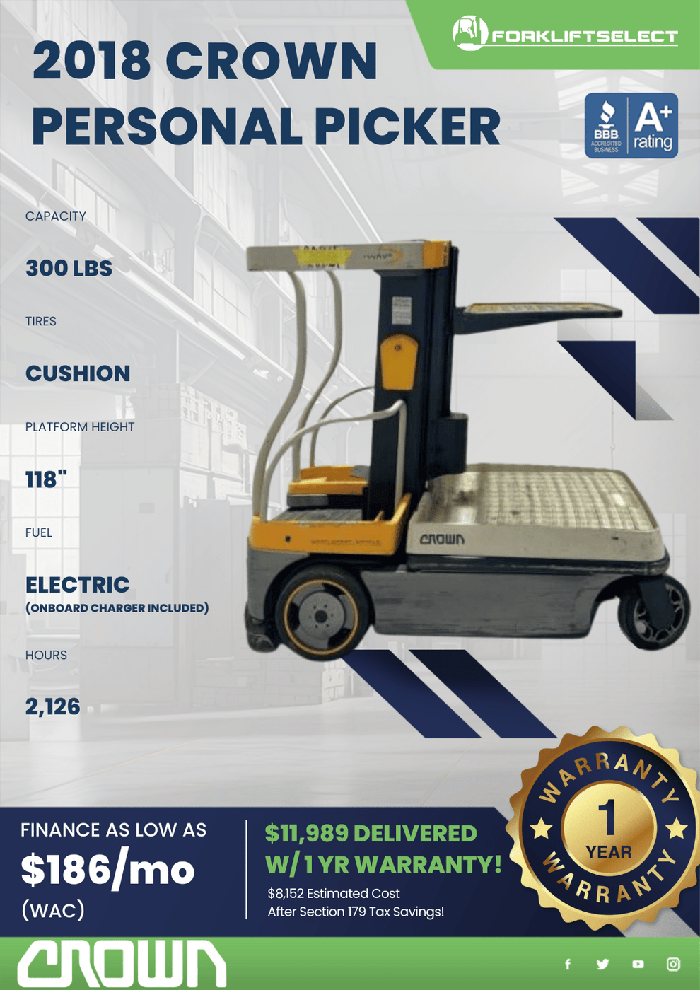 2018 CROWN PERSONAL PICKER – Forklift Select