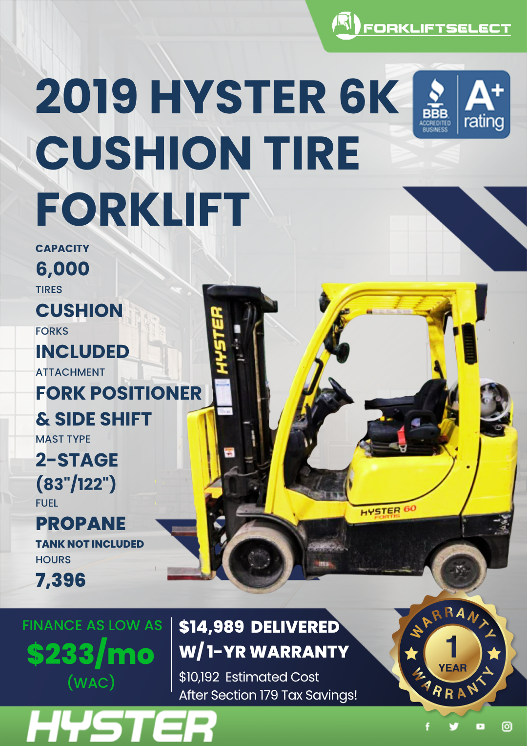 2019 HYSTER 6K CUSHION TIRE FORKLIFT – Forklift Select