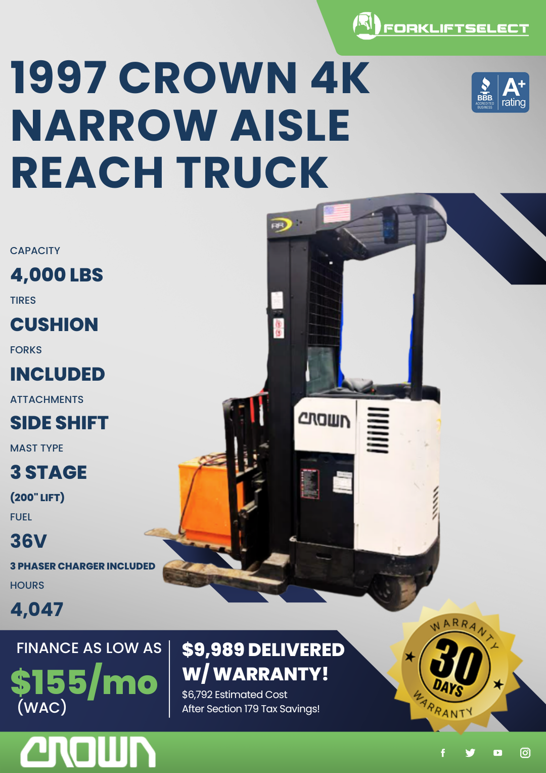 1997 CROWN 4K NARROW AISLE REACH TRUCK – Forklift Select
