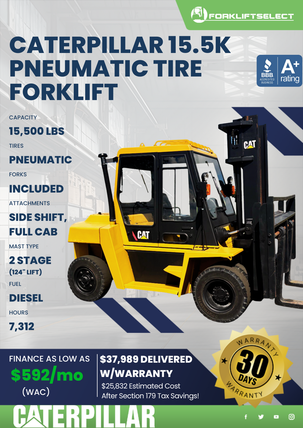 CATERPILLAR 15.5K PNEUMATIC TIRE FORKLIFT – Forklift Select